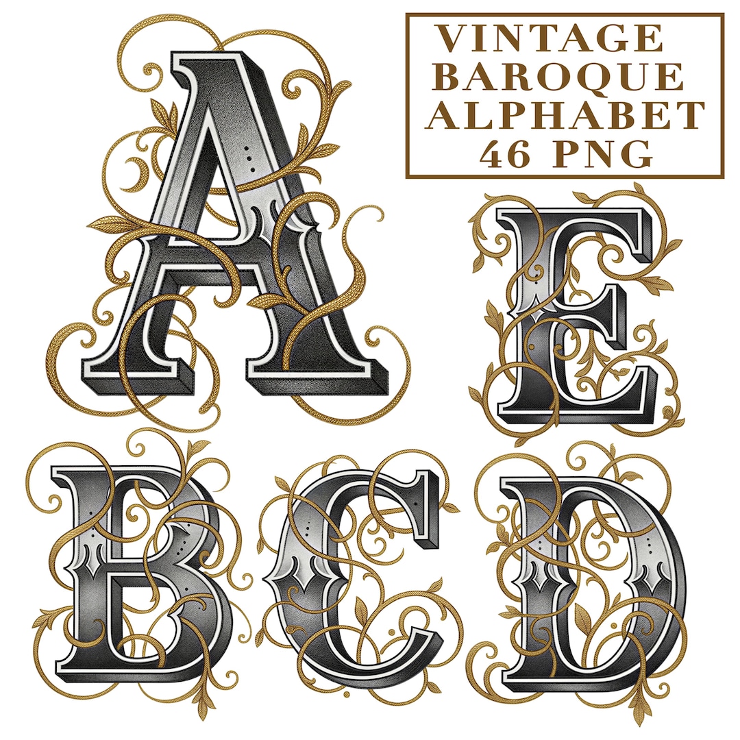 Vintage Baroque Alphabet PNG | Ornate Gold Filigree Letters, Numbers ...