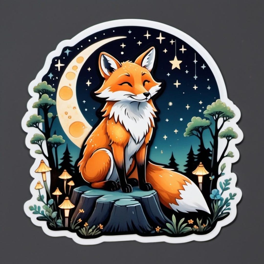 Smiling Lunar Fox Sticker Adorable Moonlit Forest Scene With Stars and ...