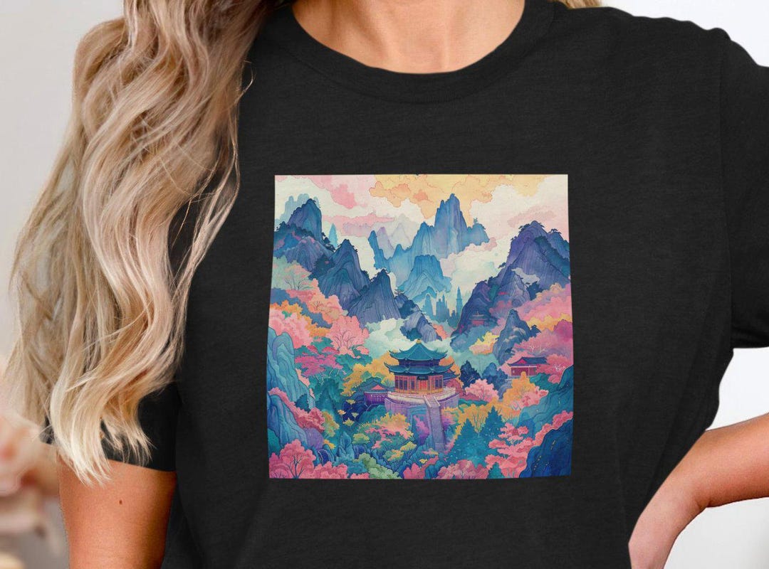 Mountain Temple Landscape Artwork T-shirt, Whimsical Nature Design Tee ...