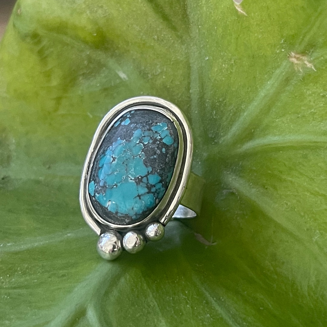 Turquoise Sterling Ring With Stamped Band | Southwest Style Ring | Boho ...