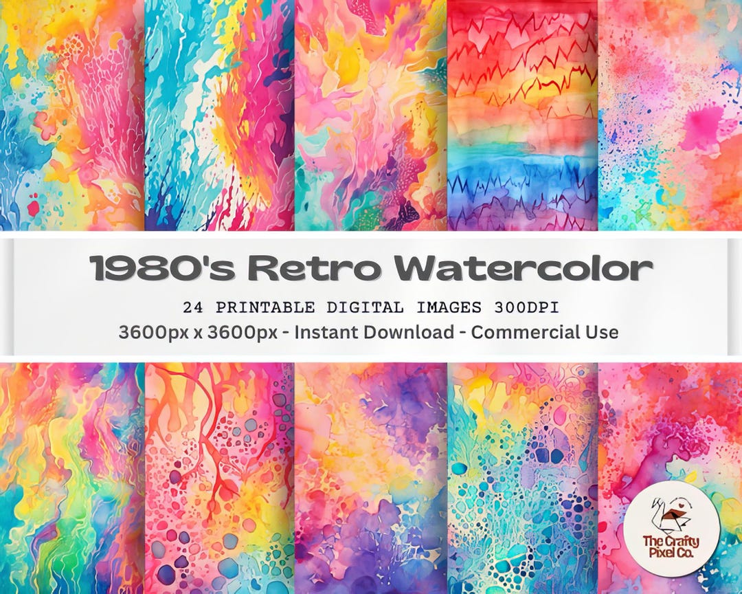1980’s Retro Watercolor Printable Paper Pack Textured Papers Watercolor ...