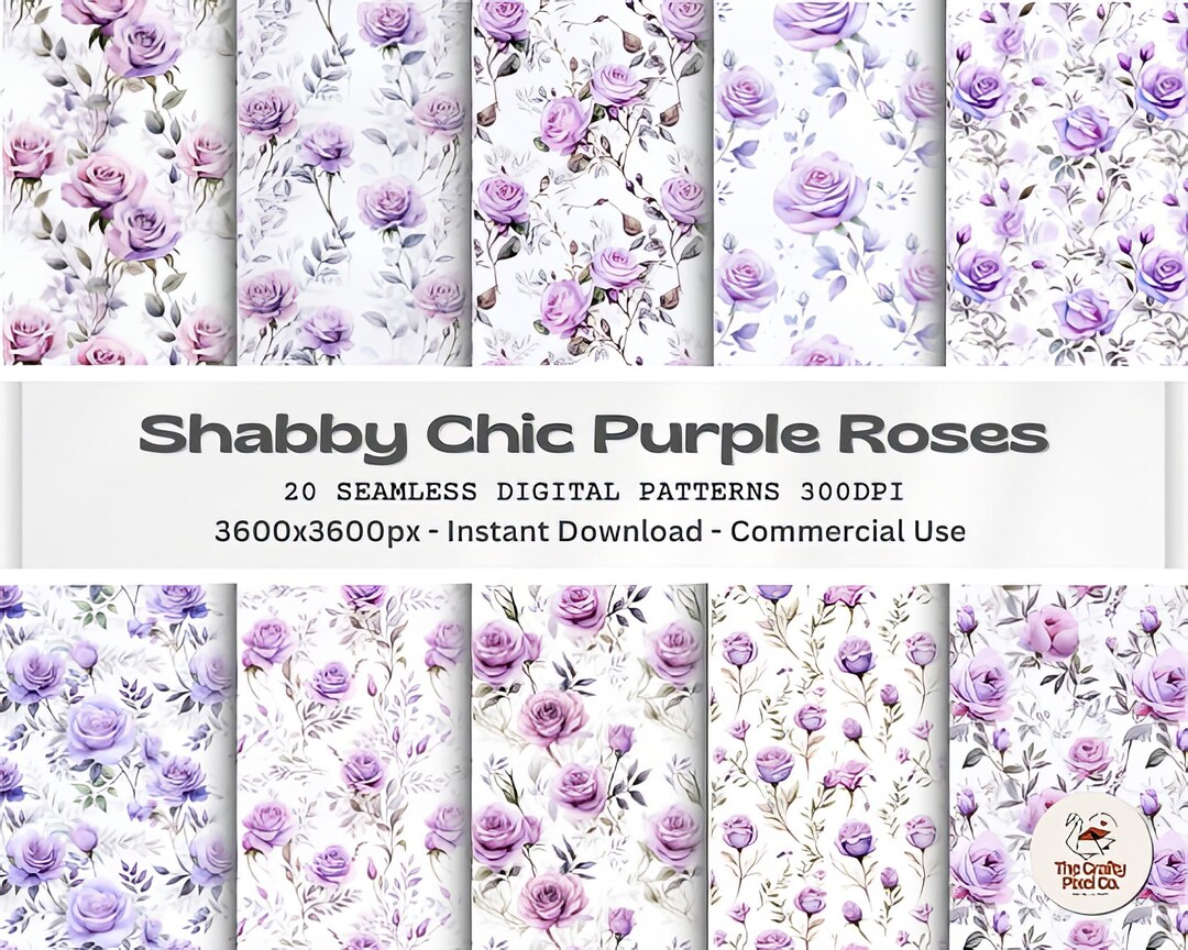 Shabby Chic Purple Roses Printable Paper Pack Watercolor Floral Pattern ...