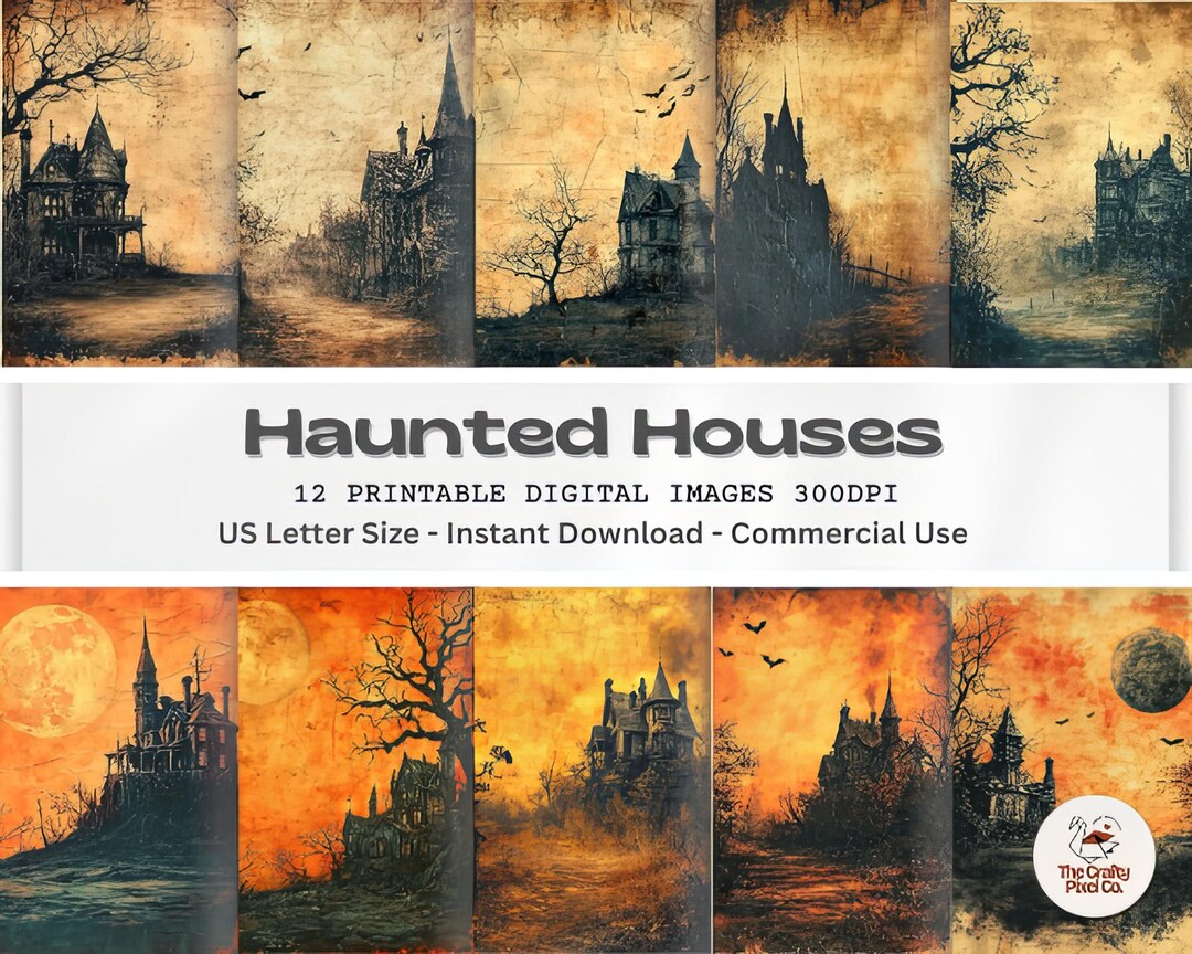 Haunted Houses Digital Paper Pack: Vintage Halloween Collage (digital ...