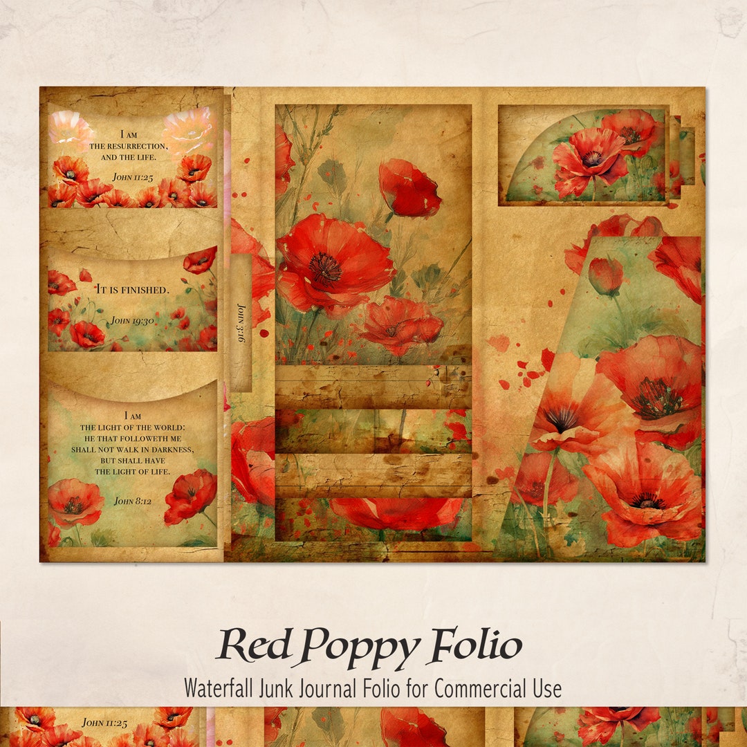 Junk Journal Folio Pocket, Poppy, Waterfall, Red Poppy, Christian ...