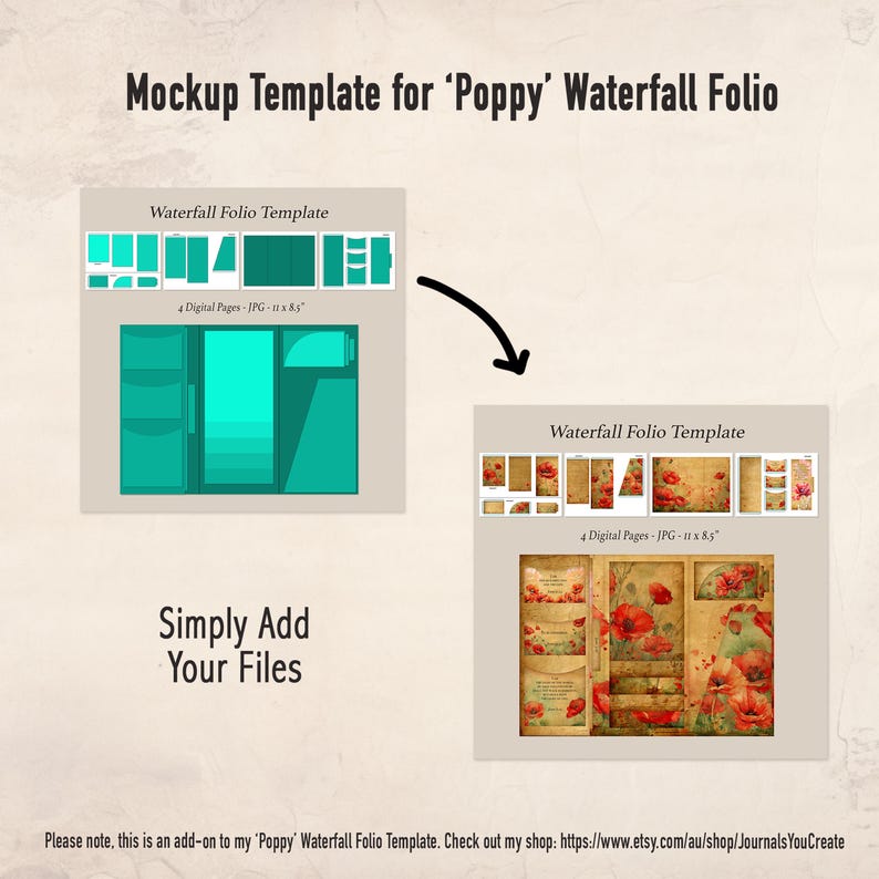 Mockup Template for Waterfall Junk Journal Folio Template 'poppy', PSD ...
