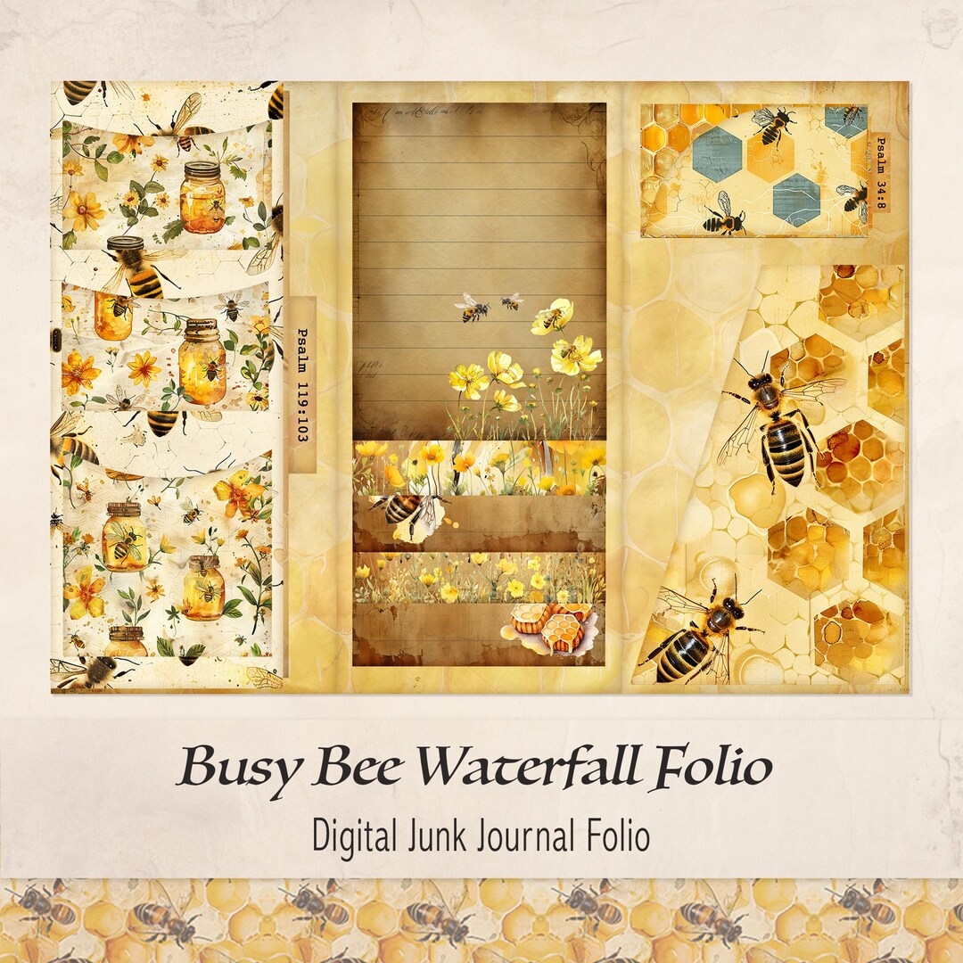 Honey Bee Junk Journal Folio, Busy Bee Folio Pocket, Beehive, Yellow ...