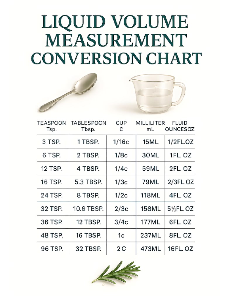 Kitchen Conversion Chart – Liquid Volume Measurement Poster ...