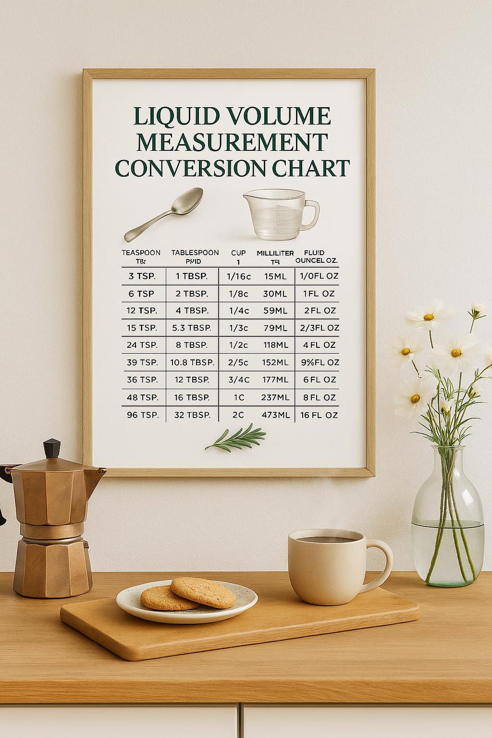 Kitchen Conversion Chart – Liquid Volume Measurement Poster ...
