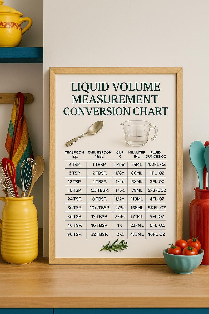 Kitchen Conversion Chart – Liquid Volume Measurement Poster ...