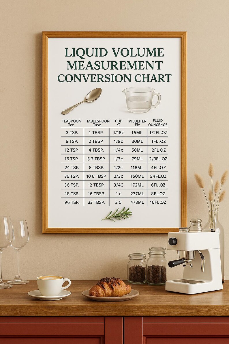 Kitchen Conversion Chart – Liquid Volume Measurement Poster ...