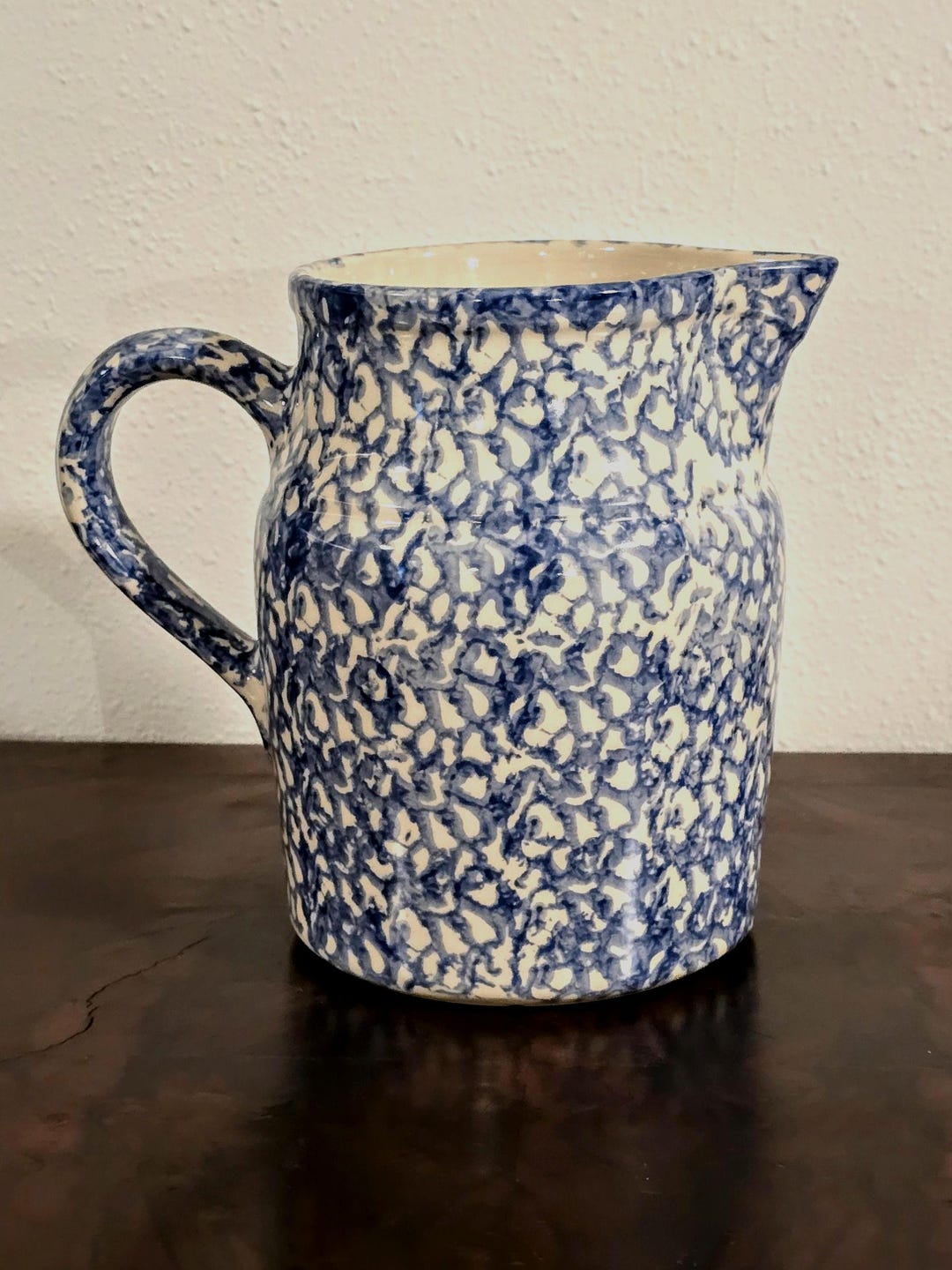 Collectible Rowe Pottery Blue Spongeware Pitcher Authentic Artisan ...