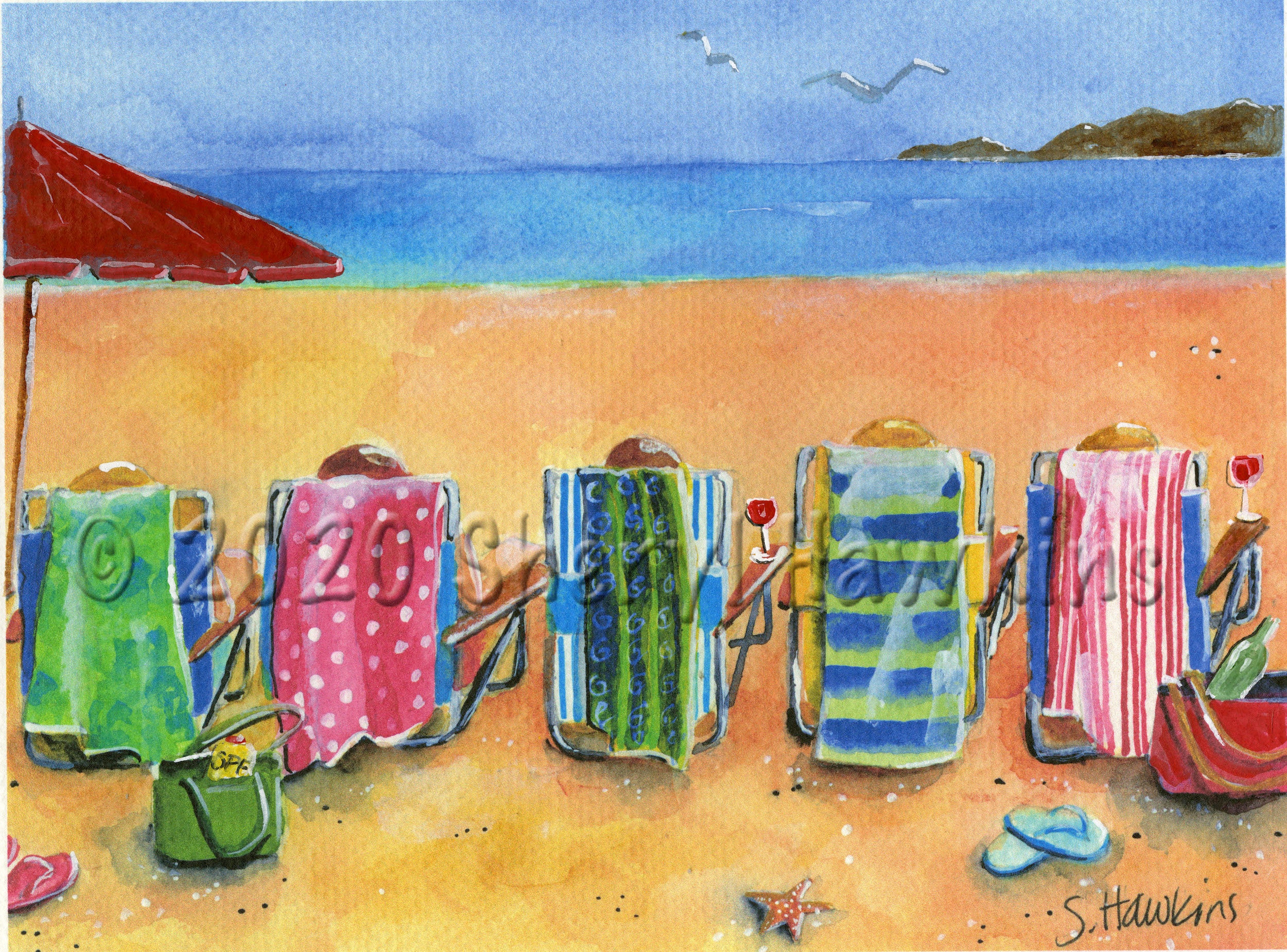 Two Beach Amigos Fine Art Print, Beach Day Watercolor , Friends Beach ...