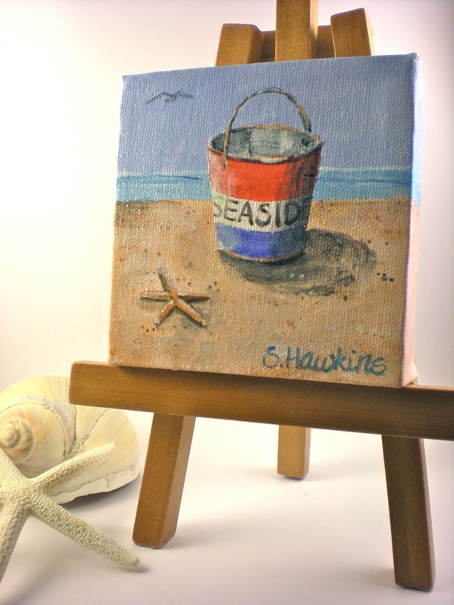 Sand Pail on Beach Painting- Seaside Beach Bucket Starfish Beach Pail ...