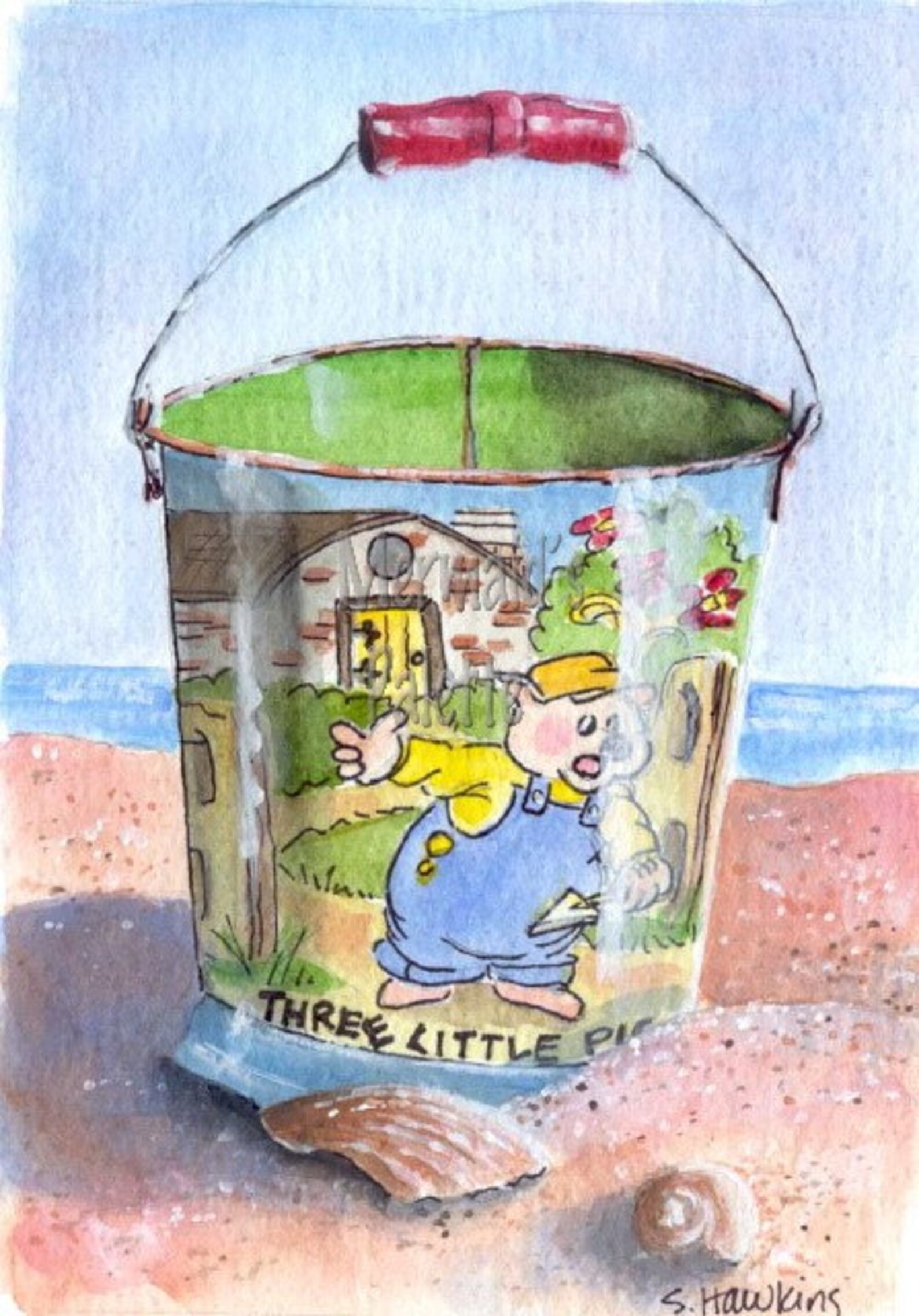 Sand Pail Watercolor - Vintage Sand Pail Fine Art Print, Beach Pail ...