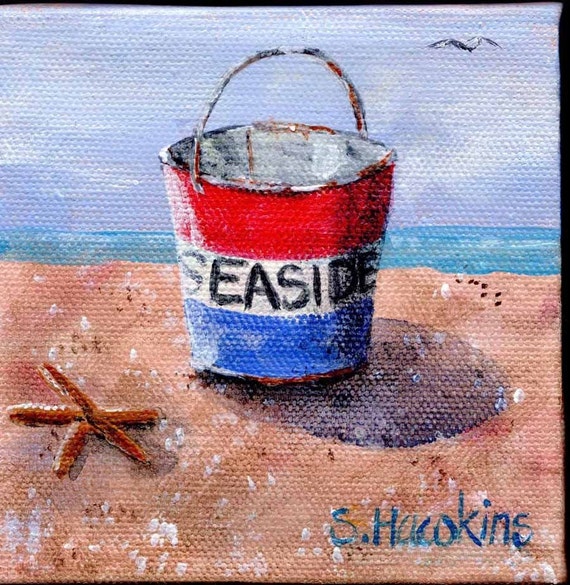 Sand Pail on Beach Painting Seaside Beach Bucket Starfish | Etsy