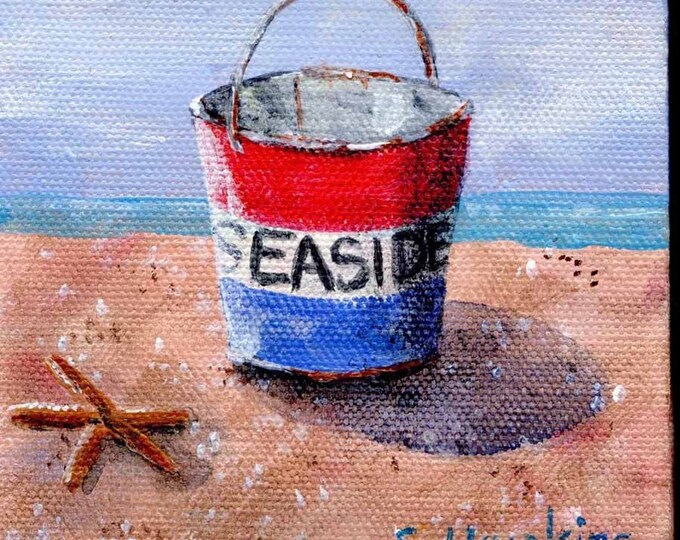 Sand Pail on Beach Painting- Seaside Beach Bucket Starfish Beach Pail ...