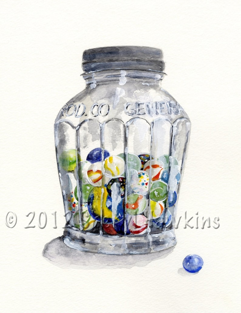 Jar With Marbles Watercolor , Still Life Painting Vintage Jar Marbles ...