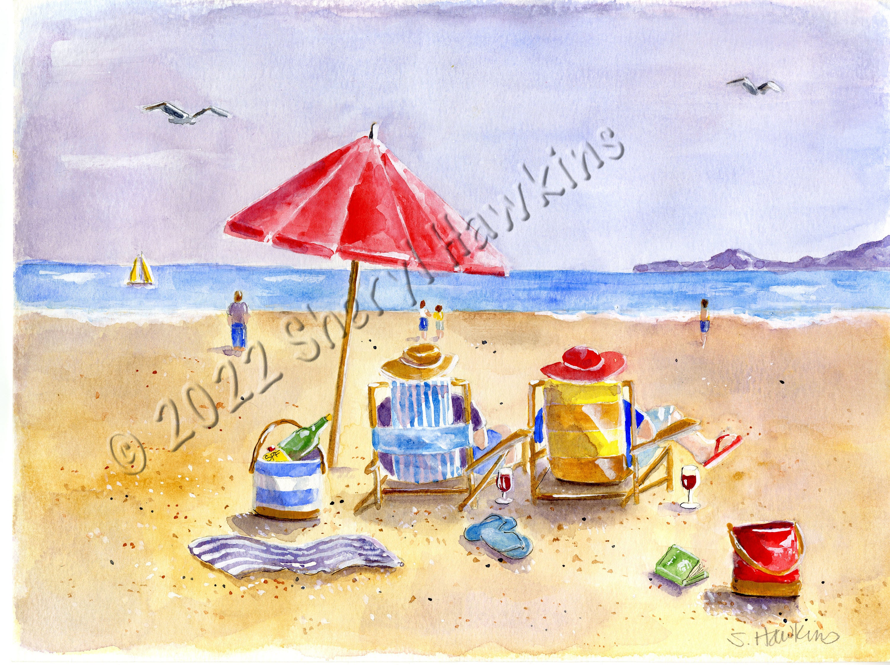 Two Beach Amigos Fine Art Print, Beach Day Watercolor , Friends Beach ...