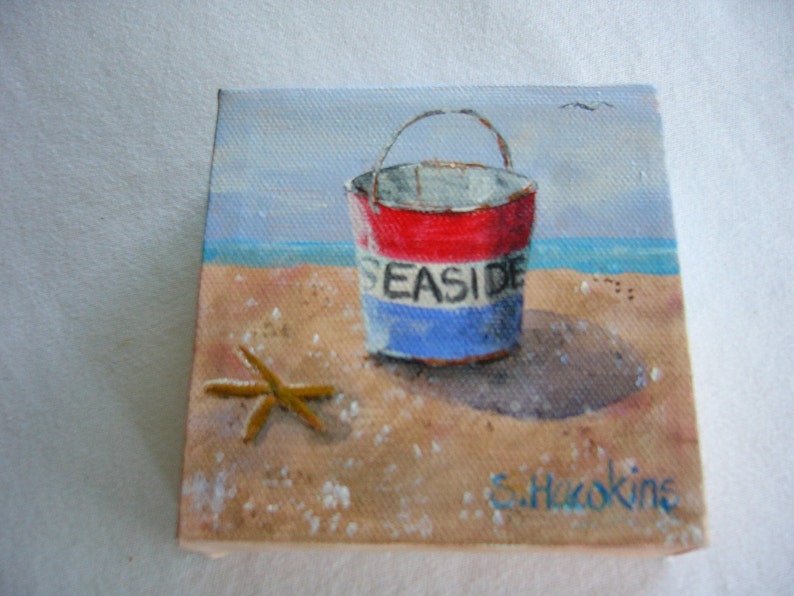 Sand Pail on Beach Painting- Seaside Beach Bucket Starfish Beach Pail ...