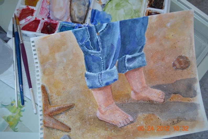 Beach Baby Watercolor - Baby Feet Watercolor Painting Sand Beach - Etsy