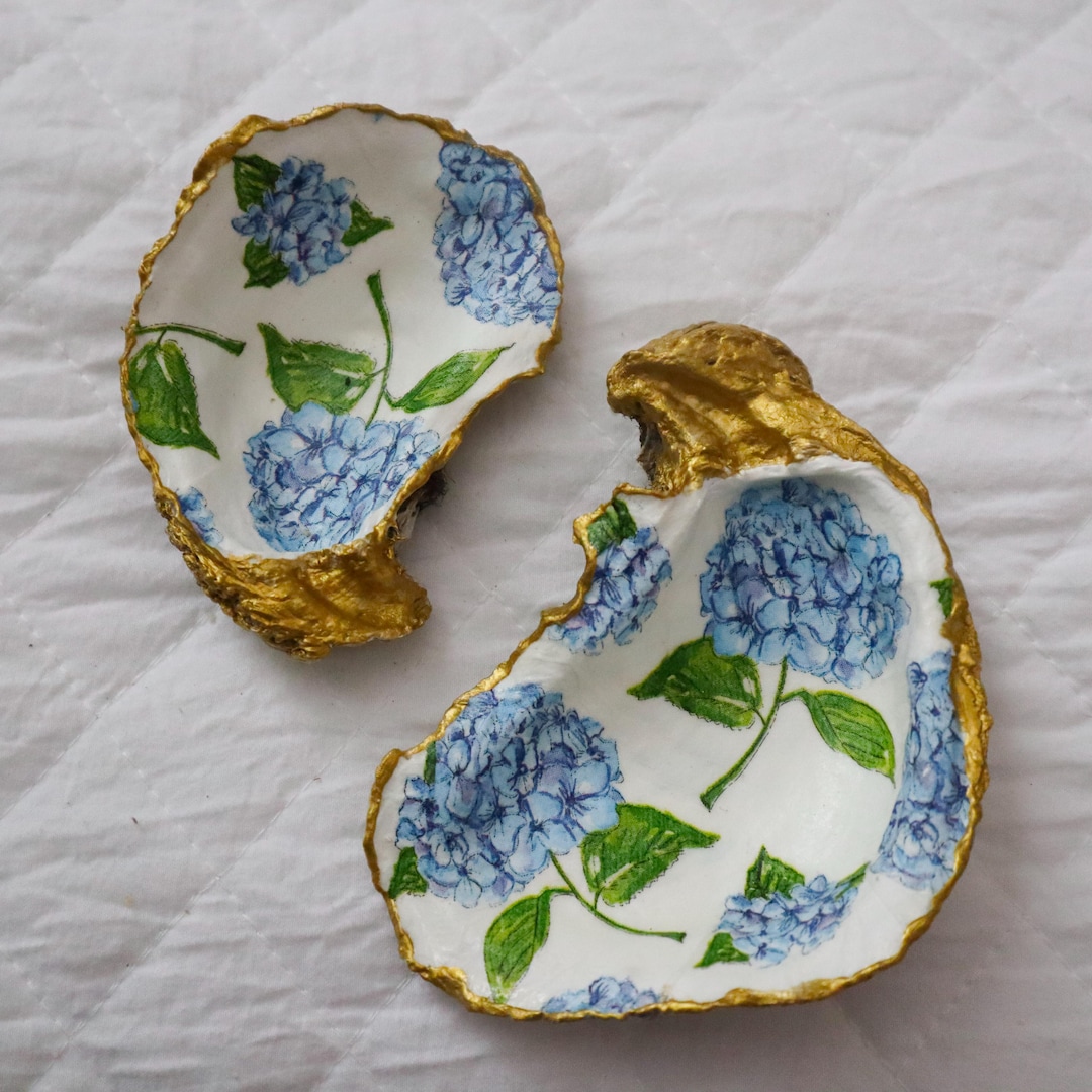 Blue Hydrangea Oyster Shell Jewelry Holder Dish - Etsy