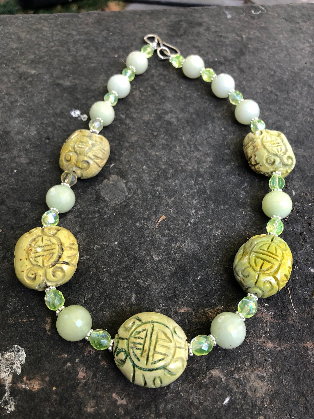 Carved Flower Turquoise Necklace: Jade & Czech Glass Boho Jewelry - Etsy