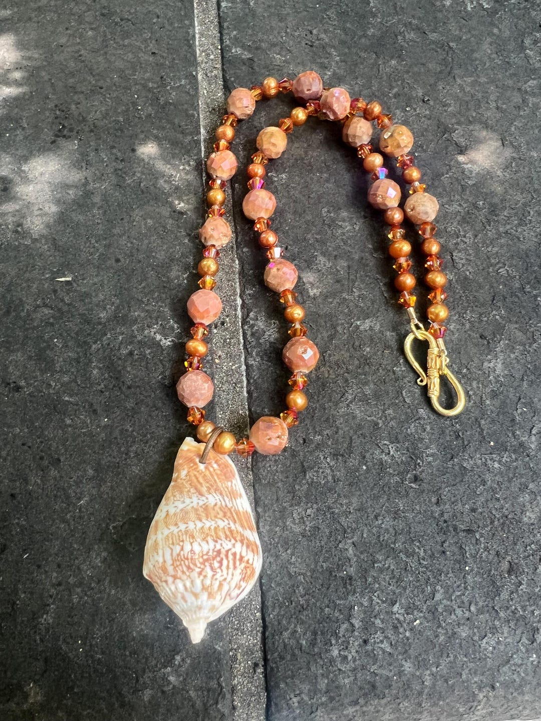 Conch Shell Necklace, Drusy, Freshwater Pearls, Swarovski Crystals, Sea ...