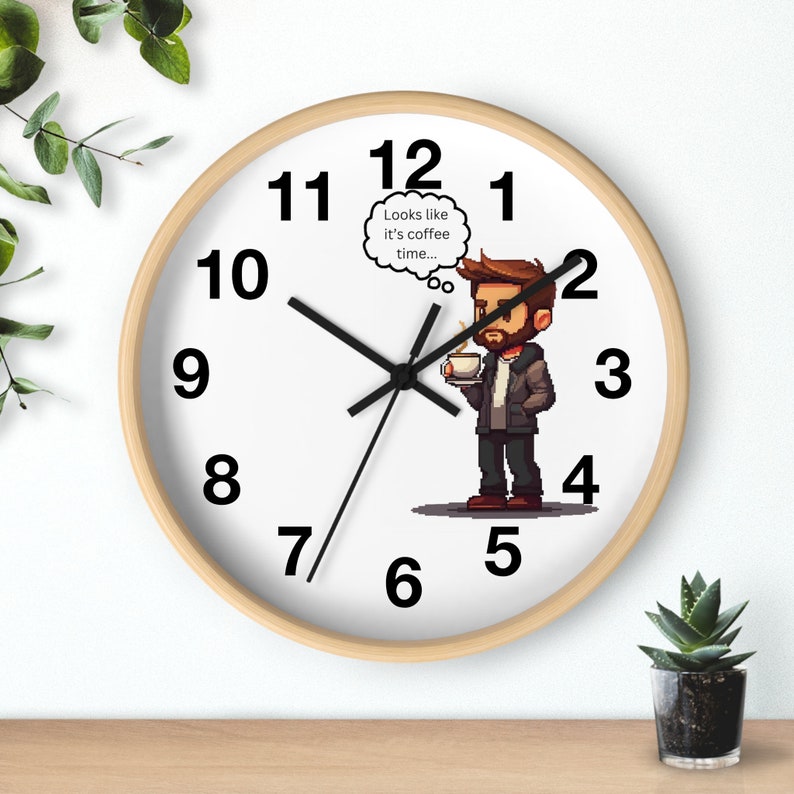 Funny Coffee Time Wall Clock With 8-bit Barista Cartoon Thought Bubble ...