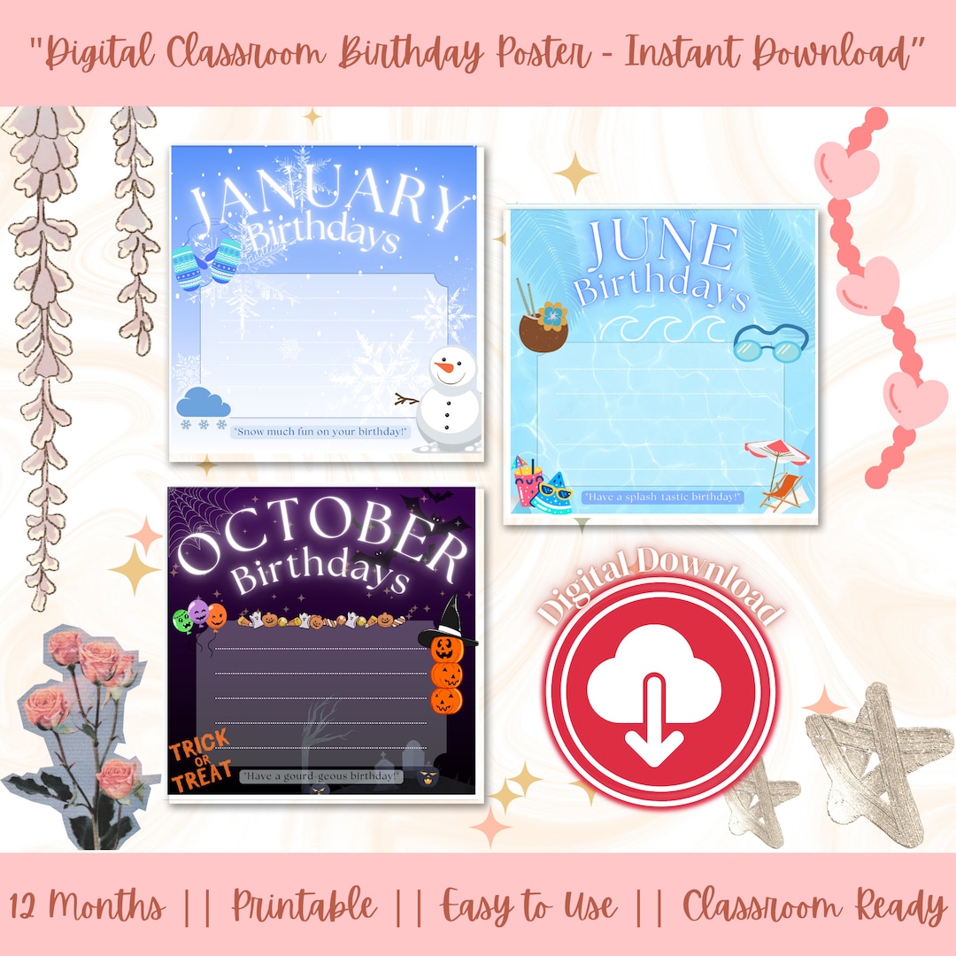 Monthly Student Birthdays Poster, Digital Calendar, Printable Chart ...