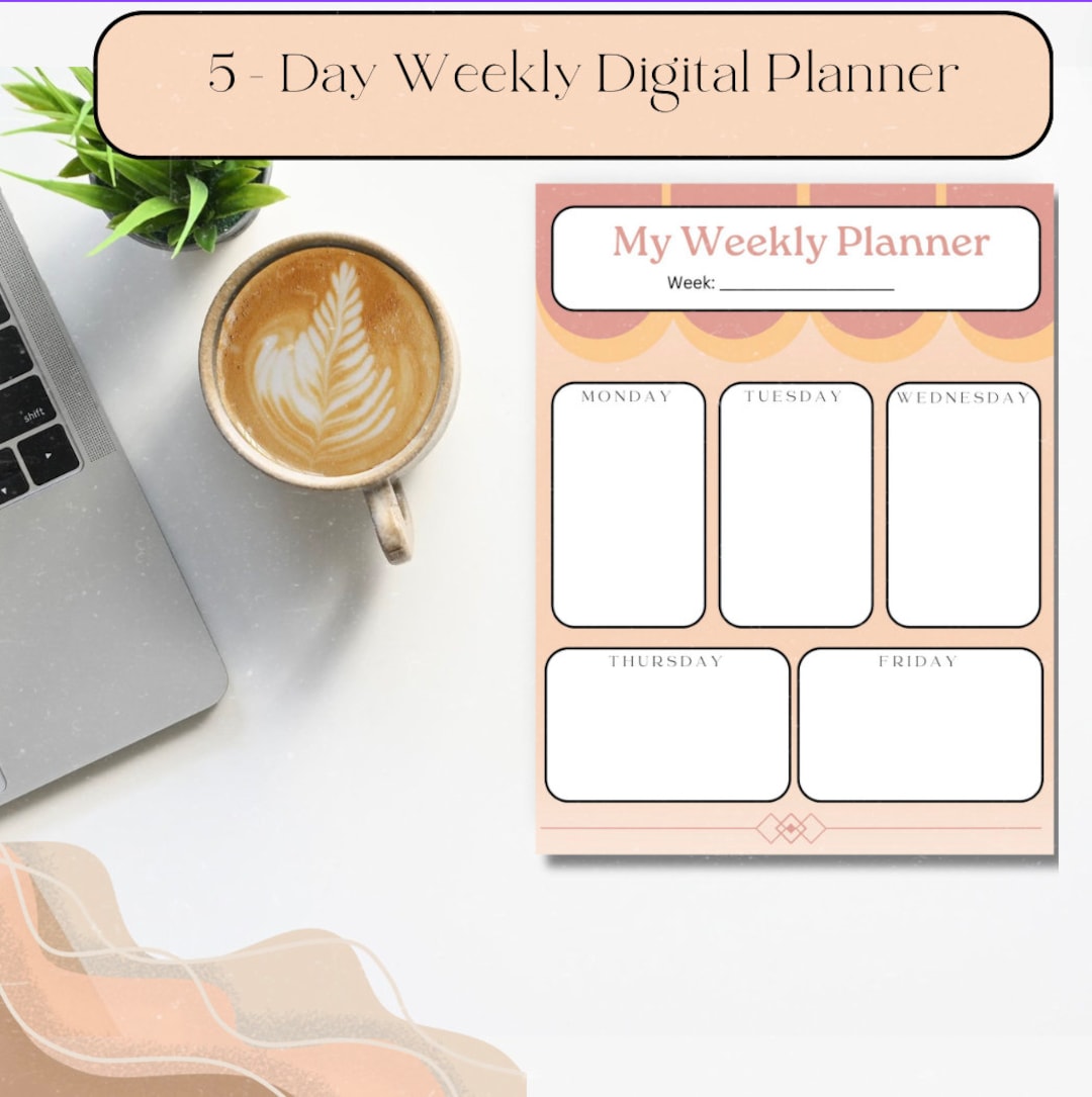5-day Weekly Digital Planner Template Retro Colors With Dinosaur Design Weekly Planner Printable ...
