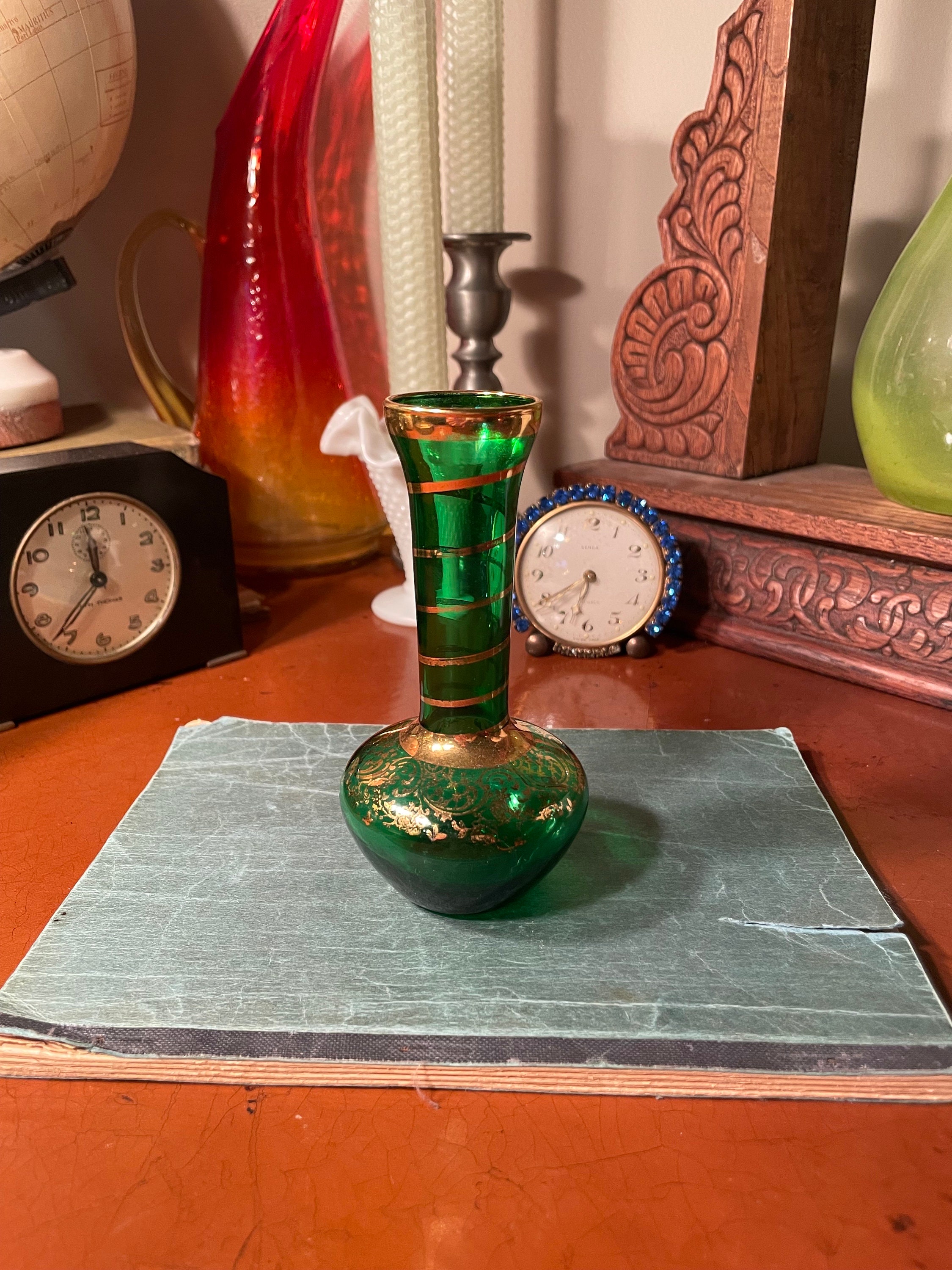Vintage Gilded Gold Emerald Green Glass Bud Vase - Etsy