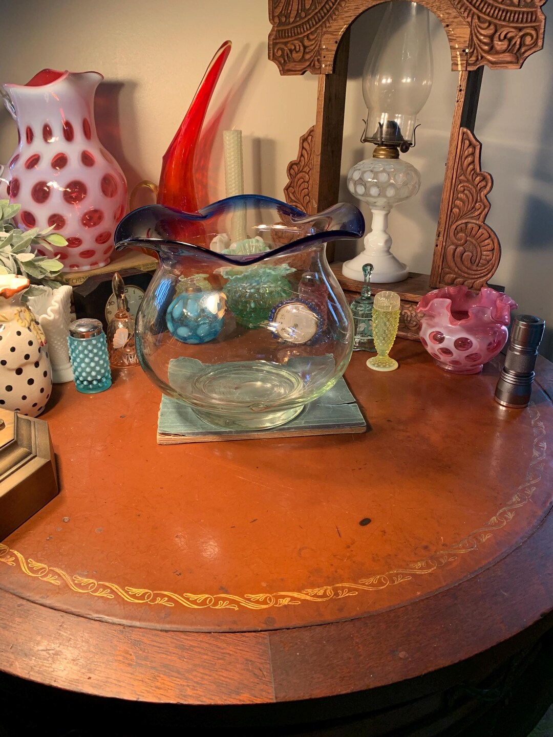 Amazing Hand Blown Ruffled Fish Bowl Colbalt Blue Trim 9” Diameter 7 3/ ...