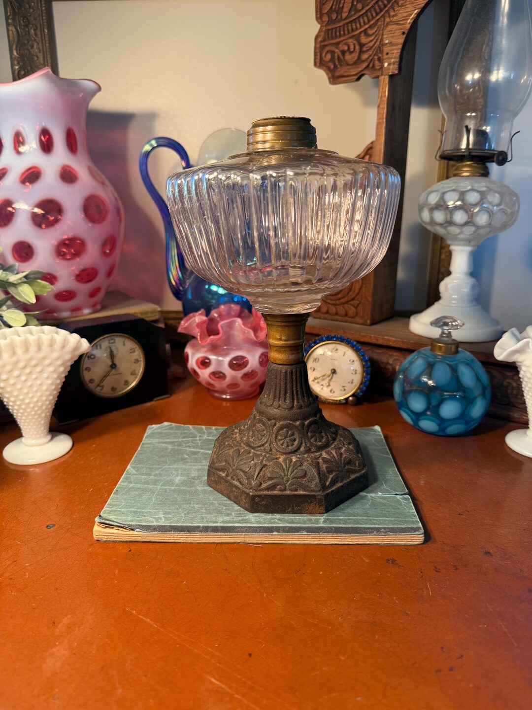 Vintage Antique Primitive Clear Oil Kerosene Lamp With Cast Iron Base ...