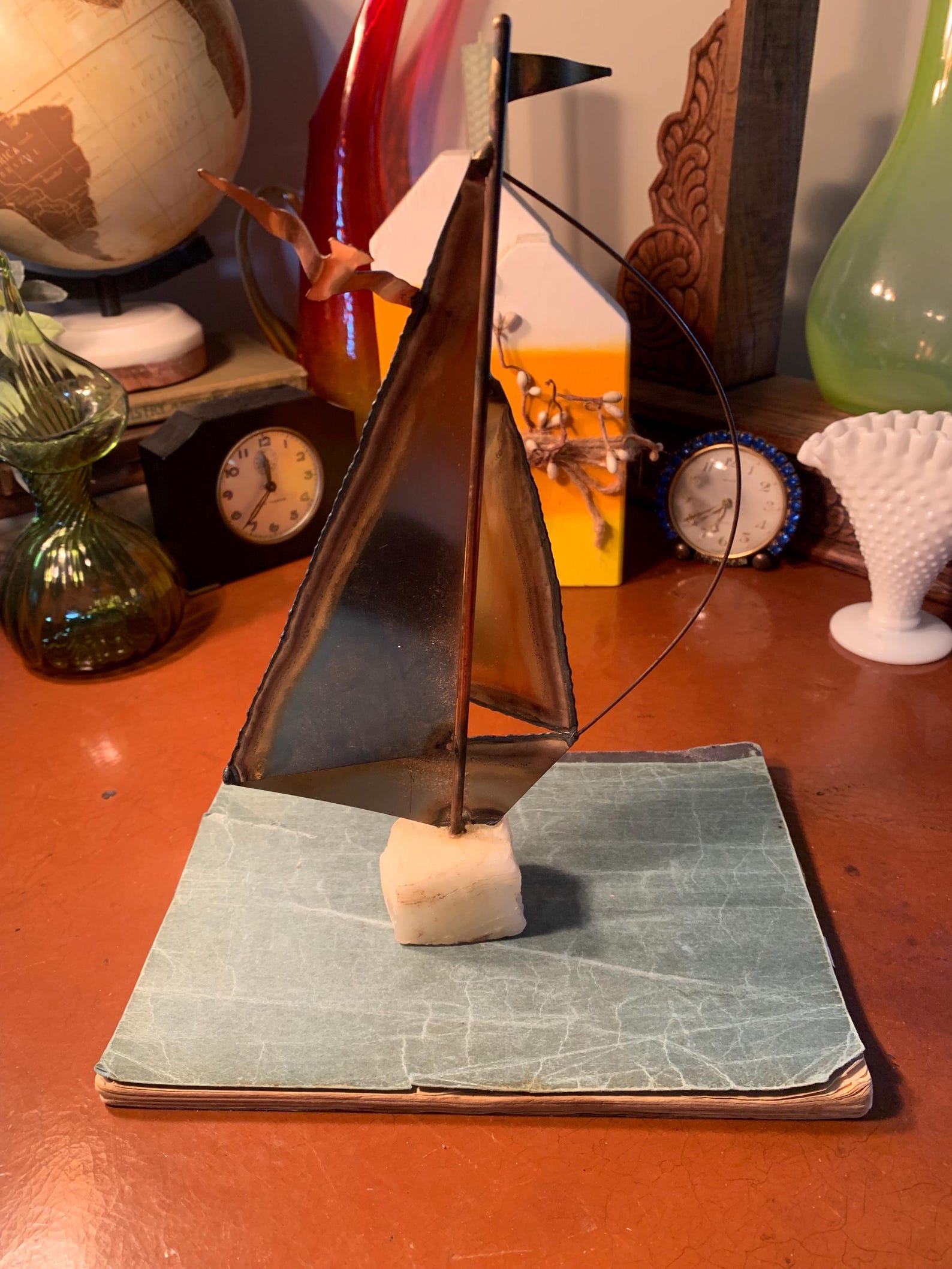 Signed Mario Jason? Nautical Brass Sailboat Sculpture on Quartz Stone ...