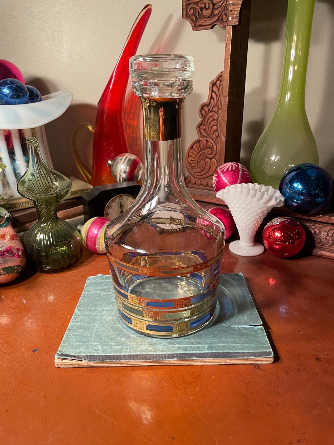 GREAT Vintage MCM Culver Empress Blue Green 22kt Gold crackle Glass ...