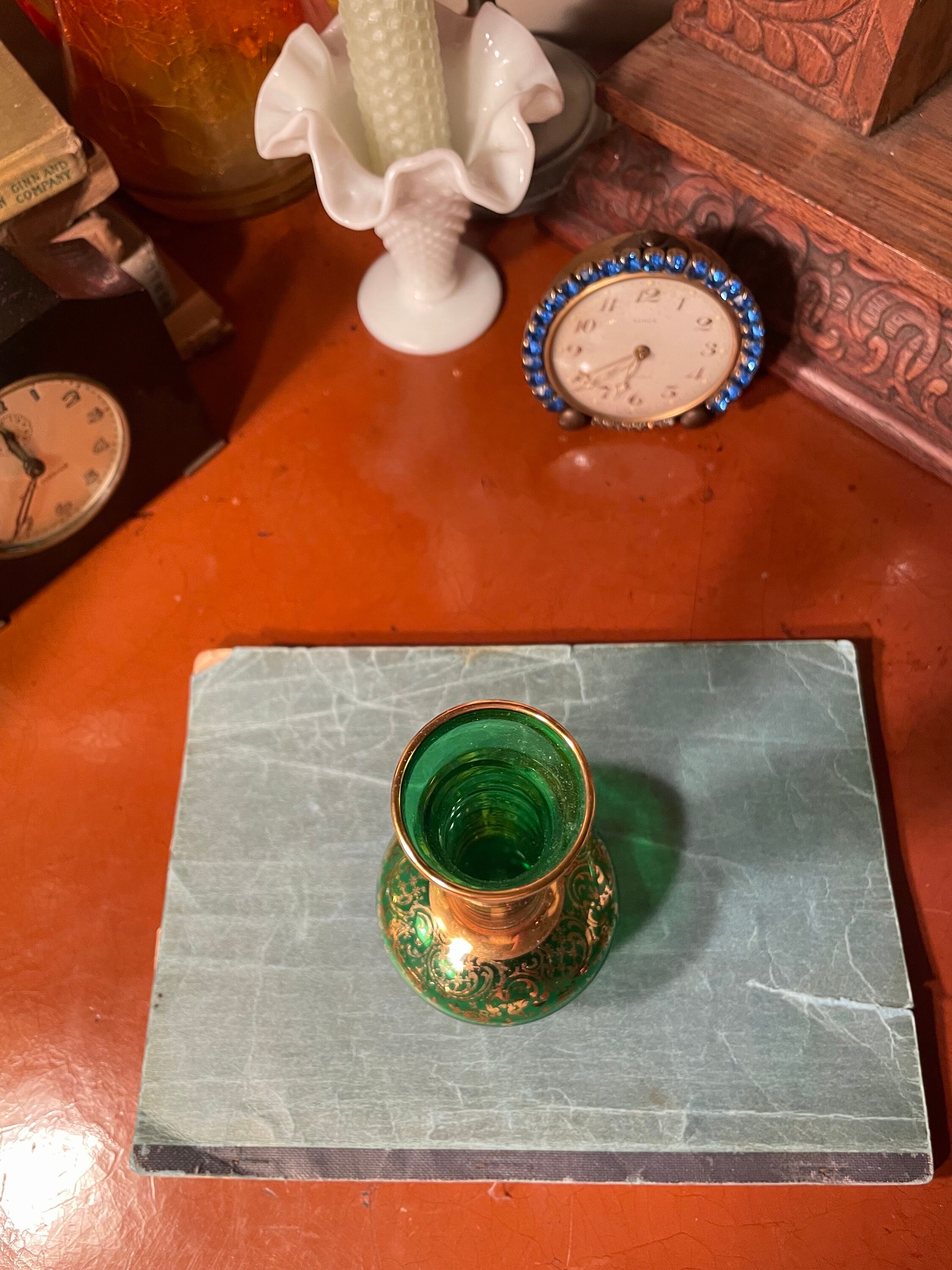 Vintage Gilded Gold Emerald Green Glass Bud Vase - Etsy