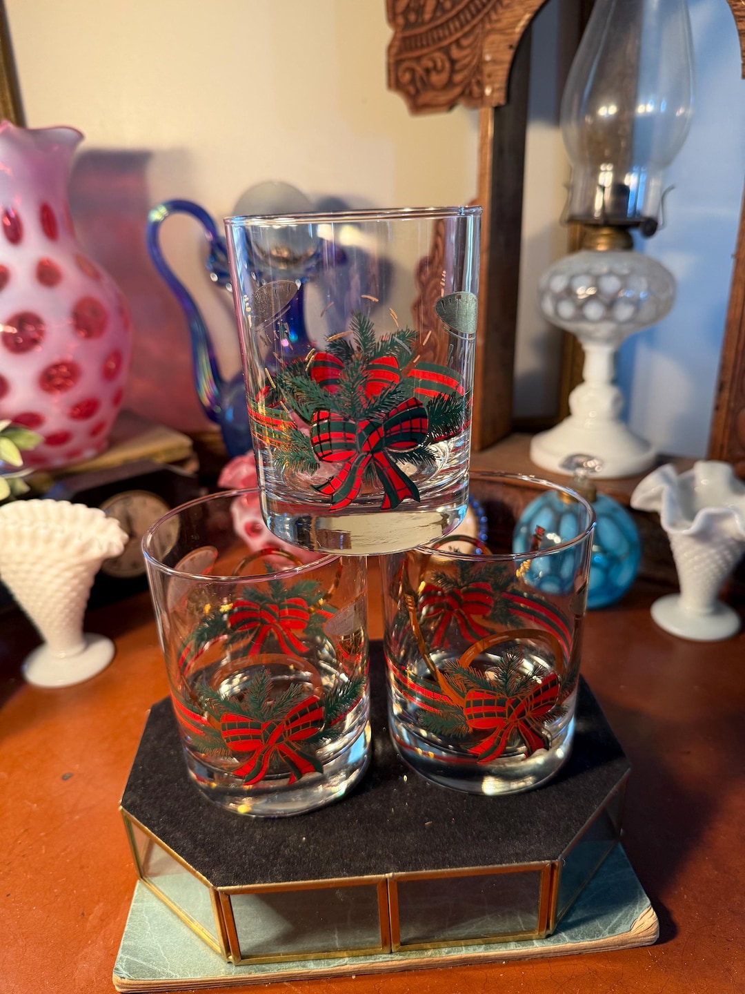 Culver YULE HORN Christmas Double 4 1/4” Old Fashioned Glasses Set of 3 ...