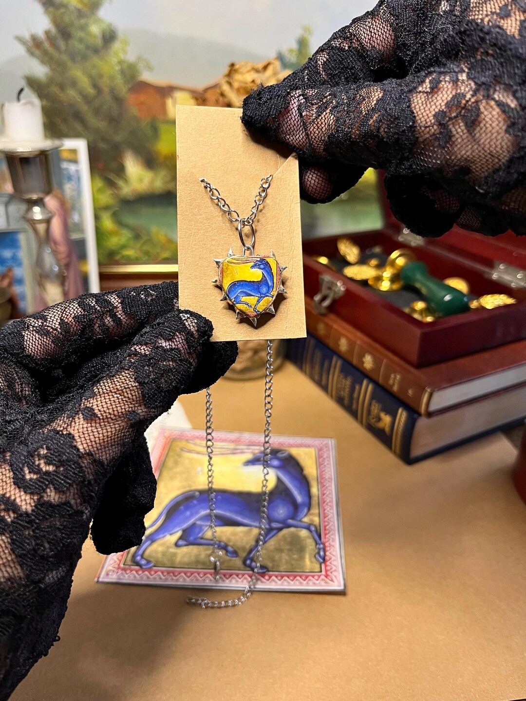 Medieval Yale Pendant, Mythical Beast Clay Necklace With Art Print ...