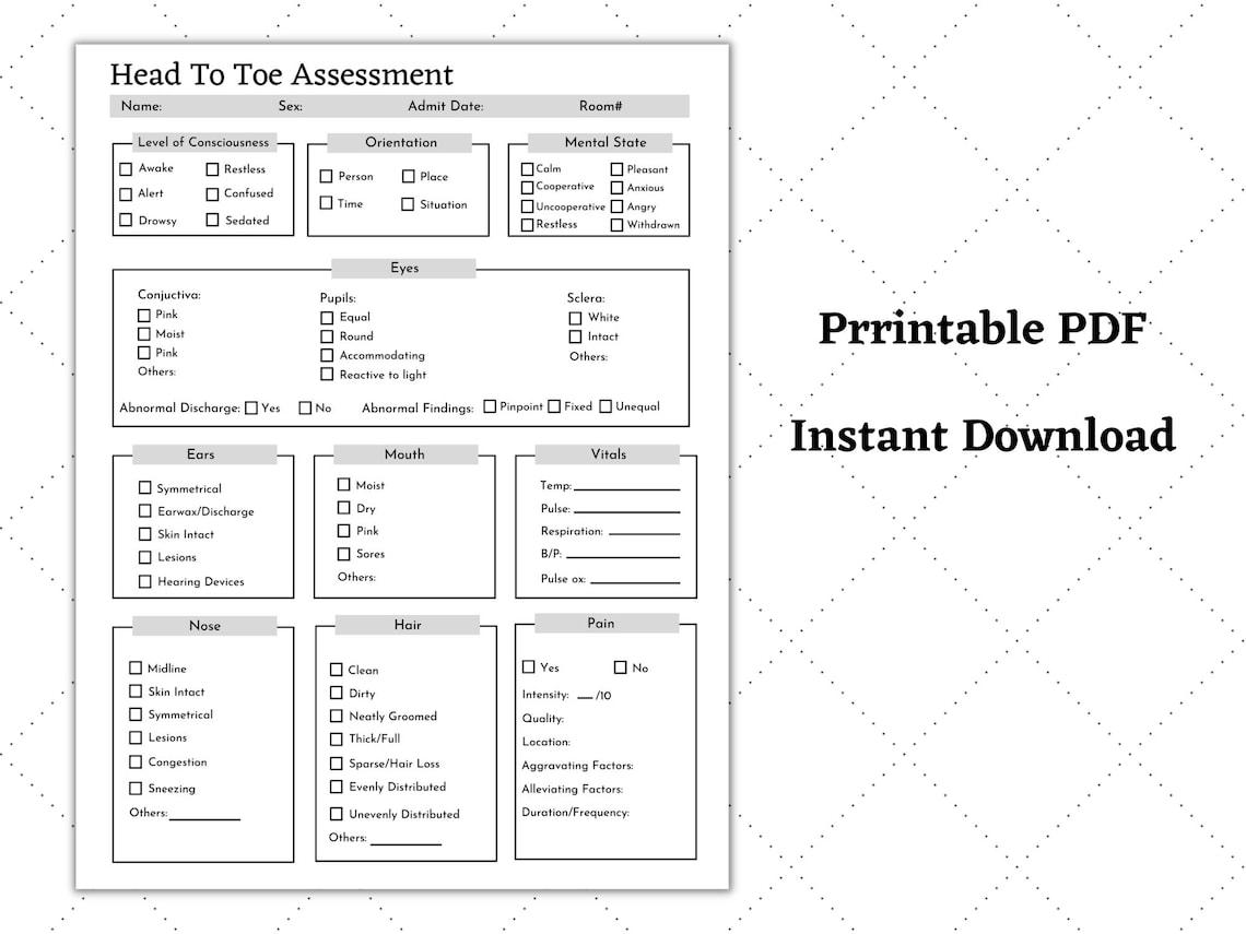Head to Toe Assessment Nursing Template | Nursing Guide | Health ...