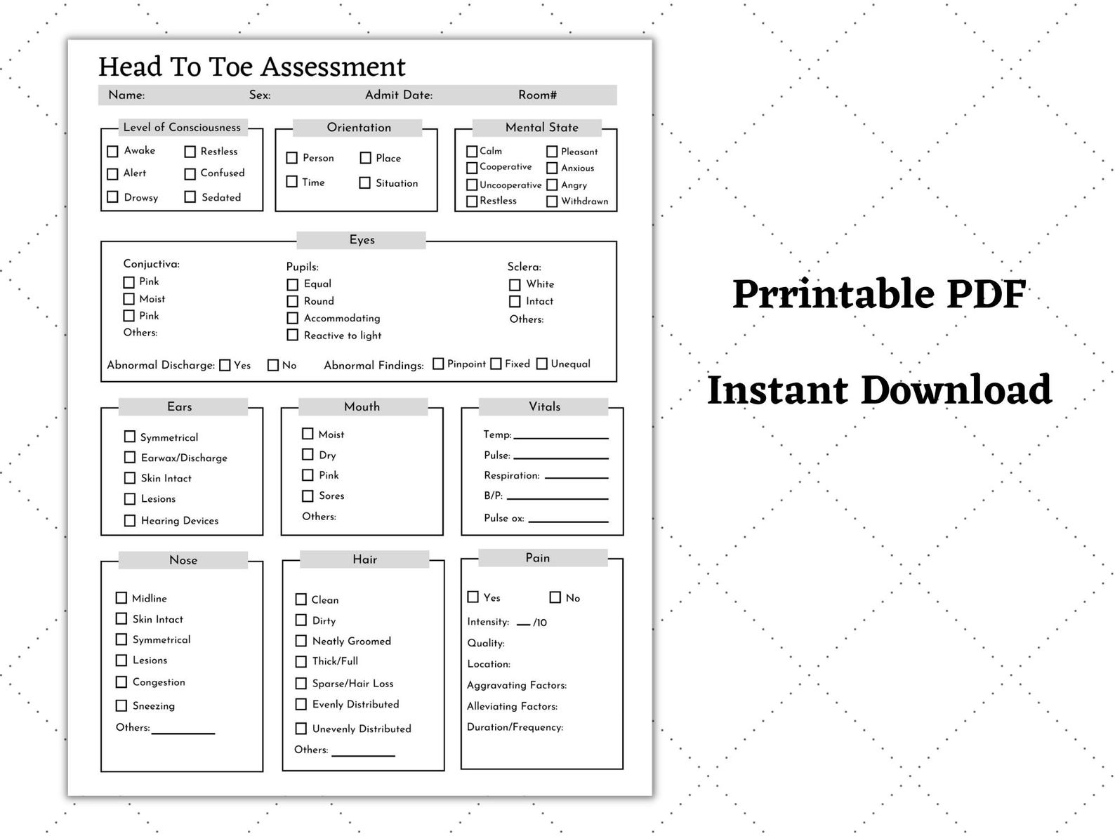 Head to Toe Assessment Nursing Template | Nursing Guide | Health ...