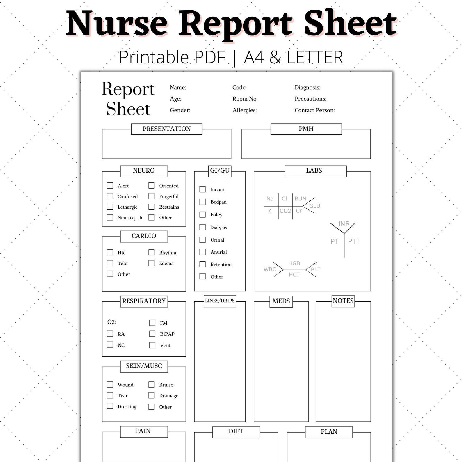 Printable Nursing Report Sheet Template, Nurse Brain Sheet, Single ...