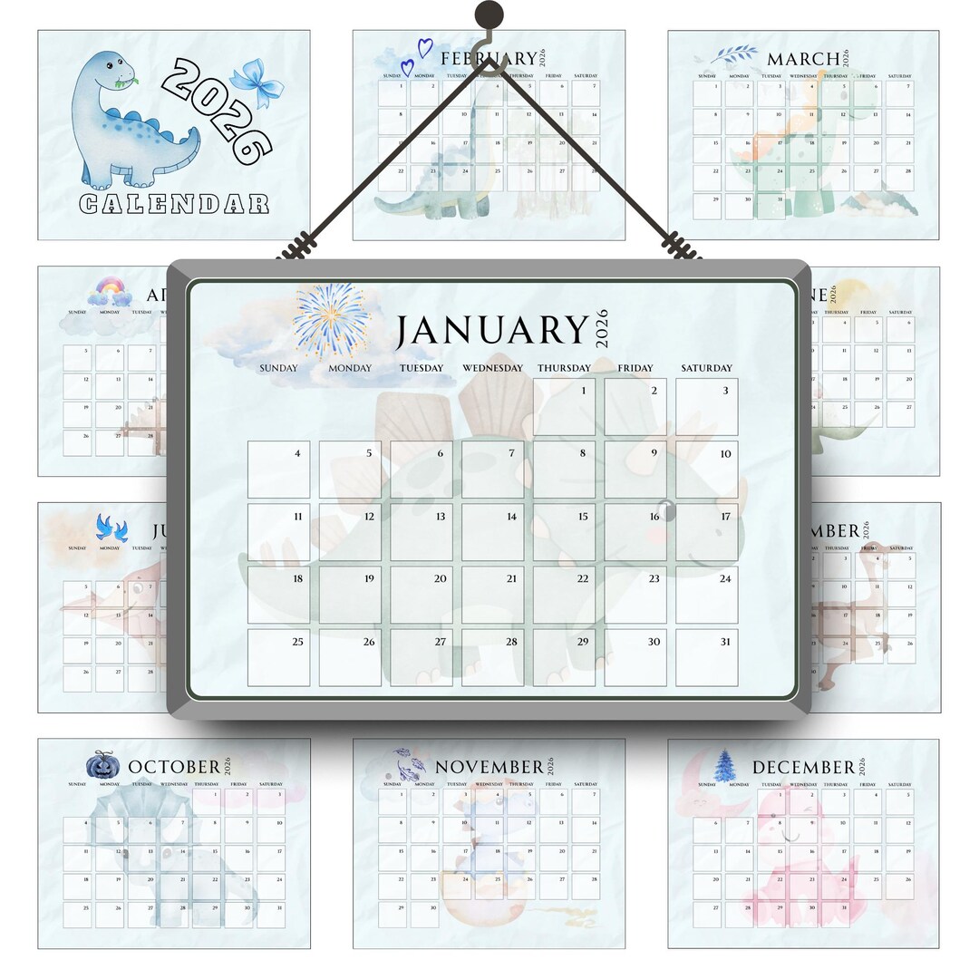 2026 Dinosaur Calendar: Blue Kids Printable (PDF, PNG, Canva) - Etsy