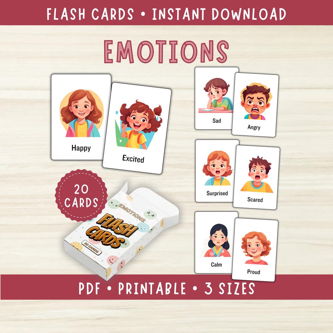 Emotions Flashcard for Montessori, Educational Classroom Material Flash ...