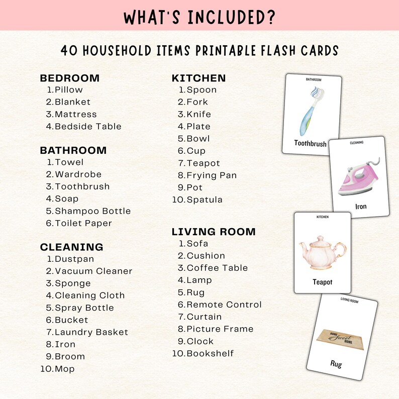 40 Household Items Flashcards Printable for Toddlers, Montessori Home ...