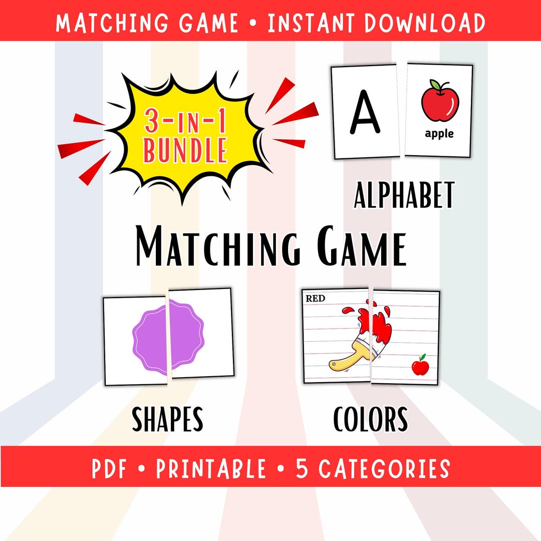 3-in-1 Preschool Matching Game Printable Bundle: Alphabet, Shape, Color ...