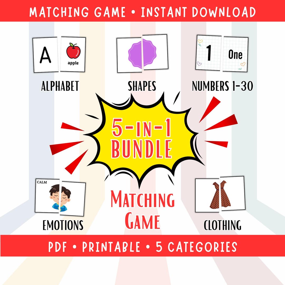 5-in-1 Preschool Matching Game Printable, Montessori Learning Material ...