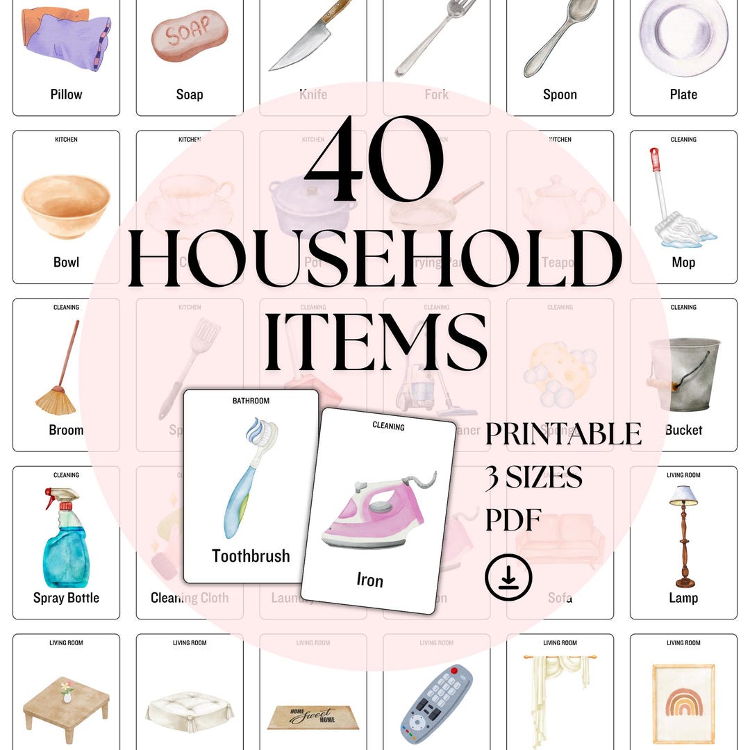 40 Household Items Flashcards Printable for Toddlers, Montessori Home ...