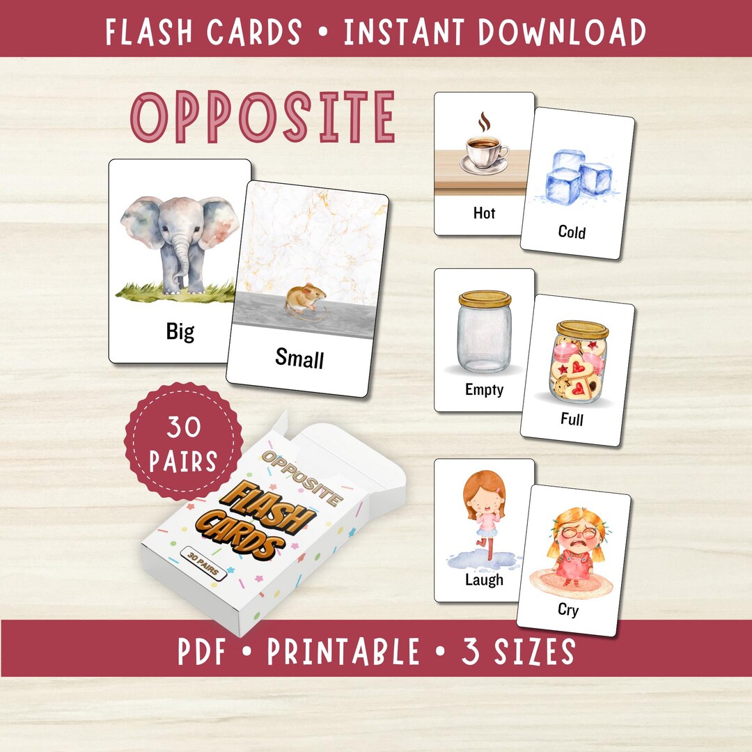 30 Pairs Opposite Flashcard for Montessori, Classroom Educational ...