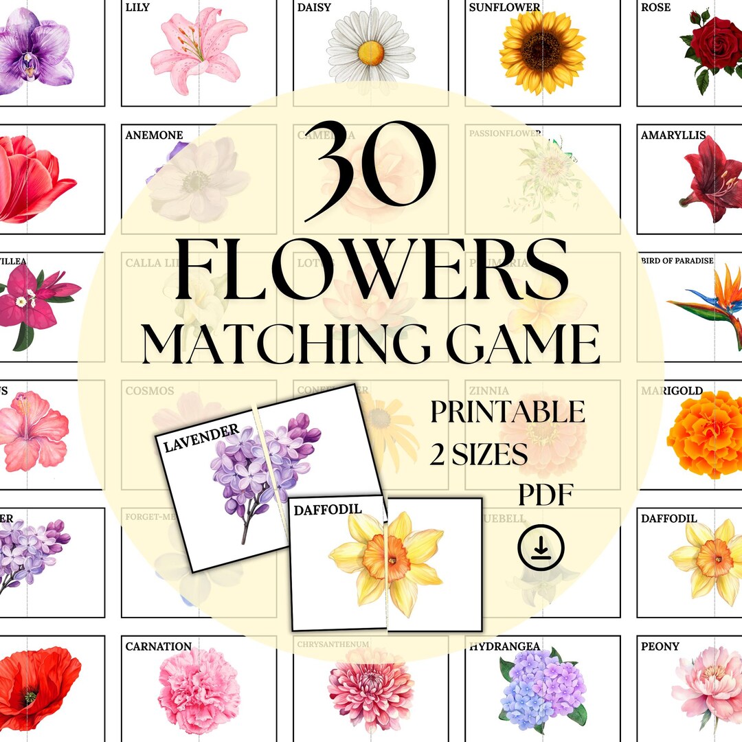 30 Flowers Matching Game Printable Card for Kid, Preschool & Toddler ...