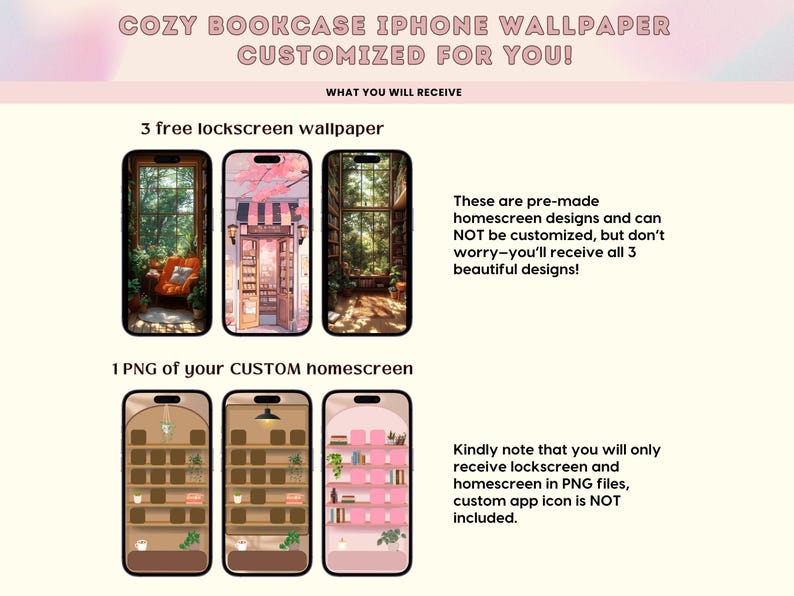 CUSTOM Cozy Bookcase iPhone Homescreen and Lockscreen Wallpaper Set ...